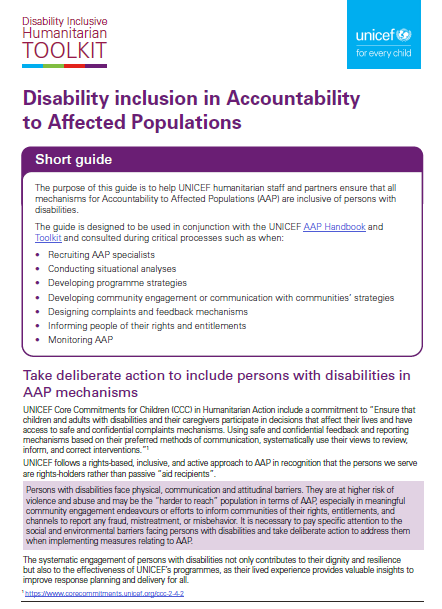 UNICEF (2022) Disability inclusion in Accountability to Affected ...