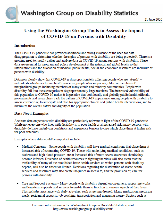Washington Group (2020) Using the Washington Group Tools to Assess the ...