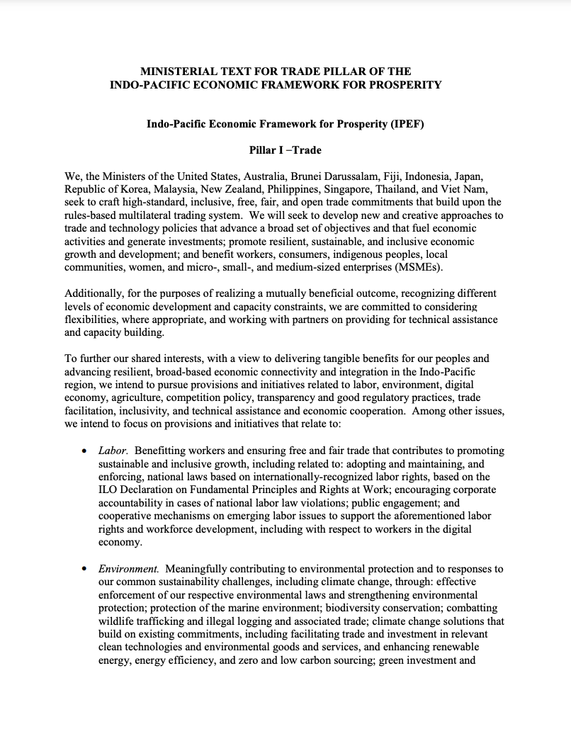 IPEF (2022) Ministerial Text for Trade Pillar of the Indo-Pacific Economic Framework for ...