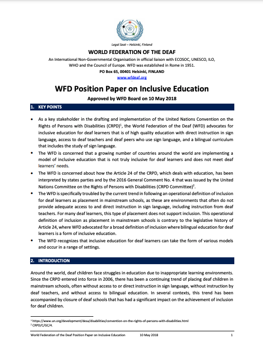 WFP (2018) WFD Position Paper on Inclusive Education | DID4all